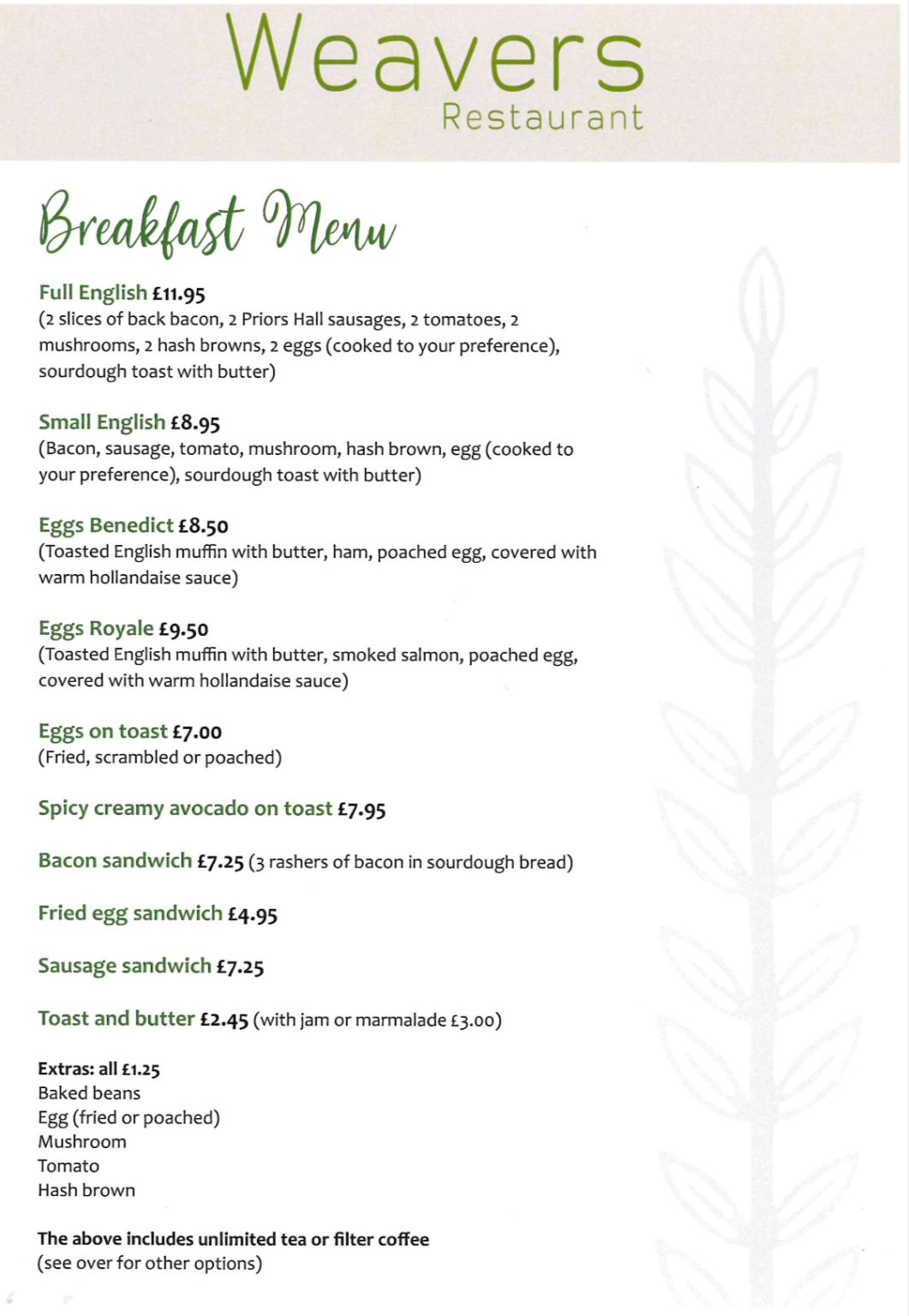 Menus - A la Carte, Lunch, Vegan & Vegetarian Etc.- Weavers Restaurant