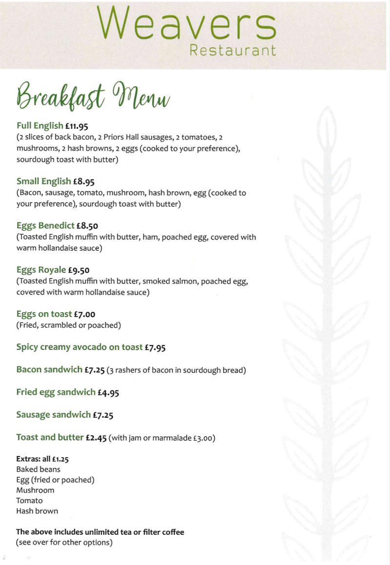 Menus - A la Carte, Lunch, Vegan & Vegetarian Etc.- Weavers Restaurant